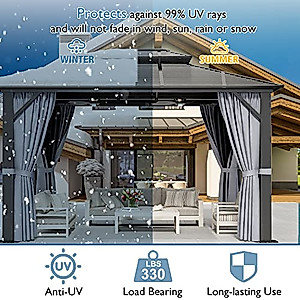 Aoxun 10'x12' Hardtop Outdoor Gazebo with Galvanized Steel Double Top Roof, Aluminum Frame Pergola with Netting and Curtains for Patios,Grey
