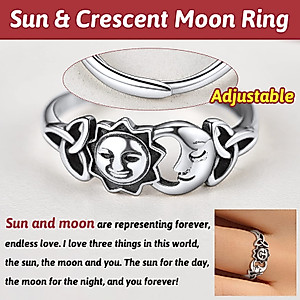FaithHeart Sterling Silver Open Rings Women Celtic Sun and Moon Antiqued Polished Stacking Finger Ring Charms