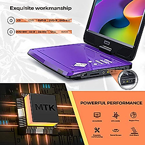 SUNPIN Portable DVD Player 12.5" with HD Swivel Screen, 5 Hours Long Lasting Battery, Car Headrest Mount Case, Car Charger, Power Adaptor, Support USB/SD Card/Sync TV/Multiple Disc Formats, Purple