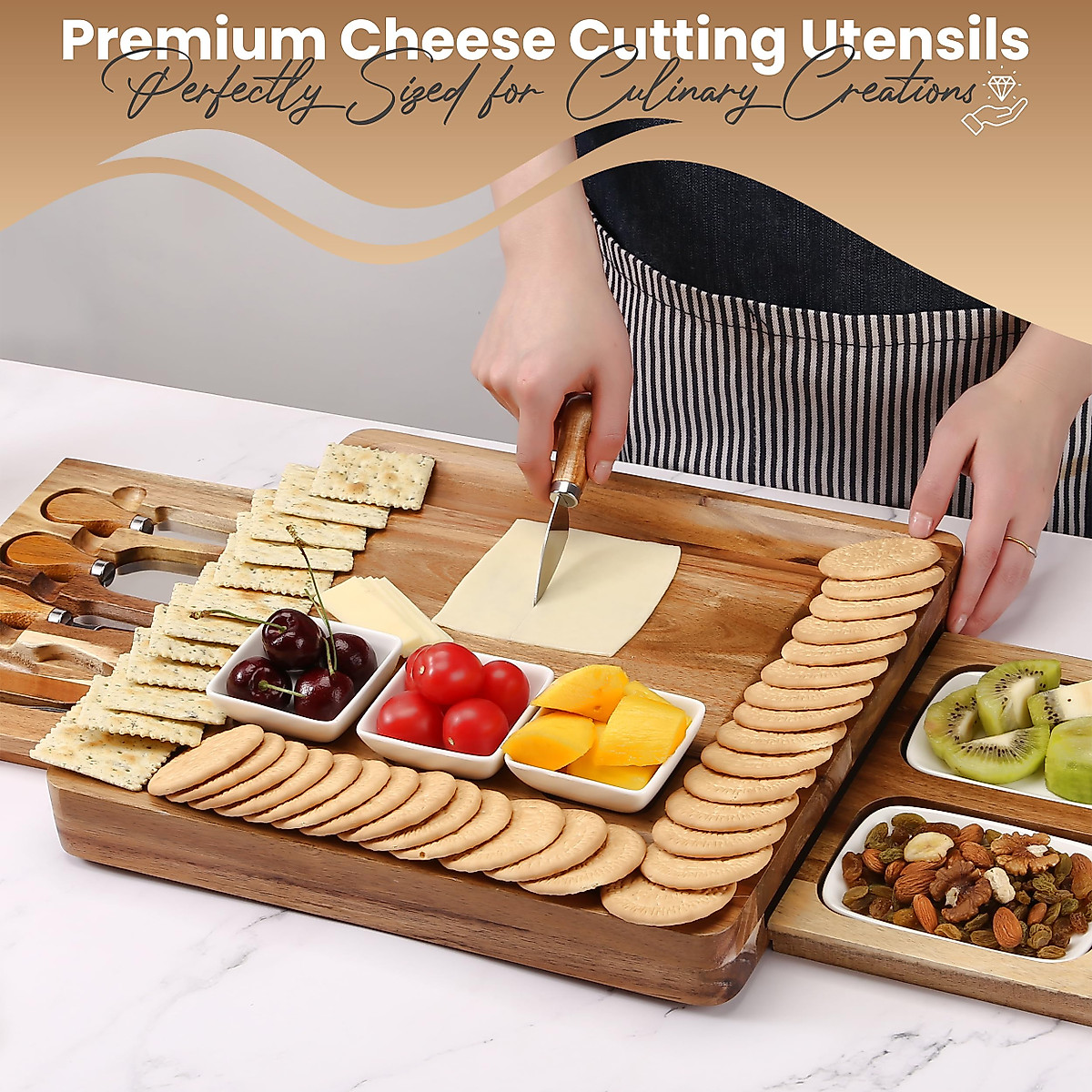 Giate 2 Drawer Acacia Wood Cheese Board |Charcuterie Boards Gift Set - Elegant for Mom - Chauratri Board Set & Knife Set -Charcuterie Board Large House Warming Gifts New Home