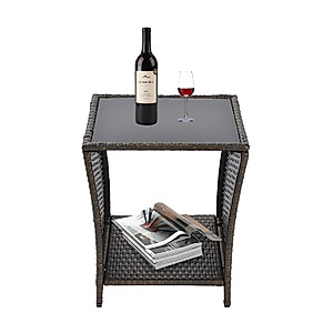 Koruiten Patio Wicker Storage Side Table,Outdoor PE Rattan Woven Coffee End Table with Tempered Glass Top for Indoor Outdoor Porch Lawn Poolside Garden Backyard Balcony(Dark Blonde)