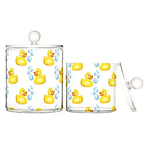 SPRIPORT Yellow Rubber Ducks 2 Pack Qtip Holder Dispenser for Bathroom Canister Storage Organization Clear Plastic Apothecary Jar Set with Lid Countertop Canister for Cotton Swab Ball Pads Hair Clips