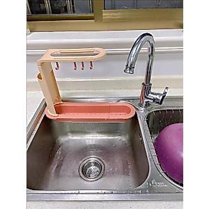 Telescopic Sink Holder, Adjustable Expandable Storage Drain Basket Rack, Sink Organizer Tray Sponge Soap Holder, Dish Cloth Hanger for Kitchen (Red-Peach)