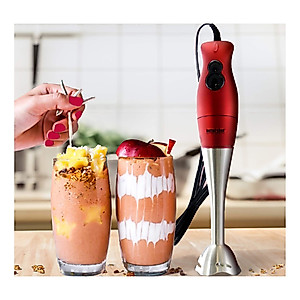 Better Chef Immersion Blender with Whisk Attachment | 2-Speed 200-Watt Motor | Stainless Blending & Whisk Attachment | Rubberized Grip | Measuring Cup (Red)