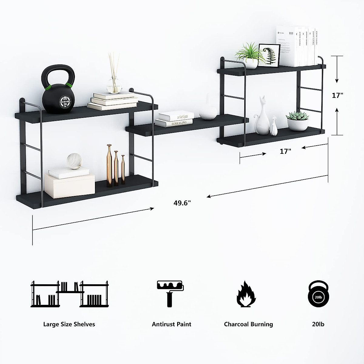 MXCSE Wall Mounted Floating Shelves, Wall Shelves, Rustic Wall Decor Wood Shelves for Bedroom, Living Room, Bathroom and Kitchen Storage, Easy Installation (5, Black)