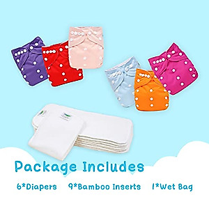 AnAnBaby Reusable Cloth Diapers for Babys, One Size Adjustable Washable Pocket Nappy Covers 6 Pack with 9pcs Microfiber Inserts for Toddler Boys & Girls