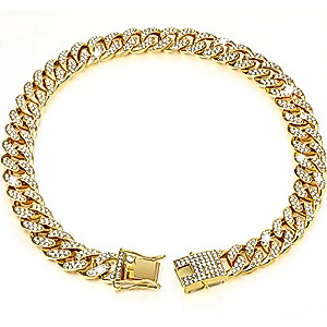 Tallew Dog Chain Diamond Cuban Collar Walking Metal Chain Collar with Design Secure Buckle, Pet Cuban Collar Jewelry Accessories for Small Medium Large Dogs Cats (Gold, 12 Inch)