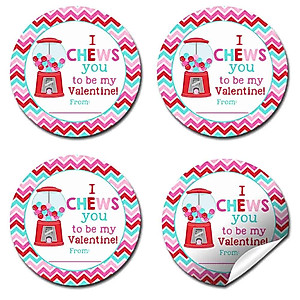 I Chews You Bubble Gum Valentine Party Favor Sticker Labels for Kids, 40 2" Party Circle Stickers by AmandaCreation, Great for Classroom Valentines, Envelope Seals, Gifts & Treats