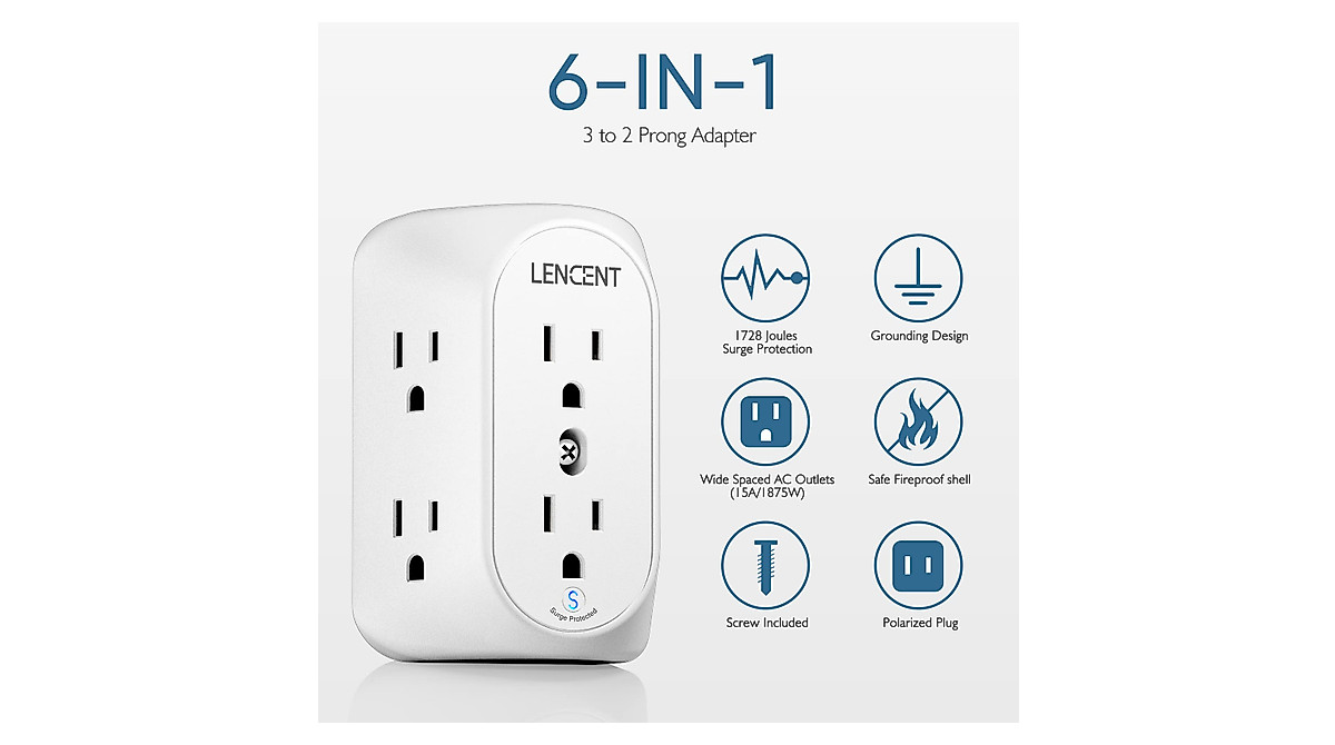 LENCENT 2 Prong Power Strip, 3 to 2 Prong Grounding Outlet Adapter ...