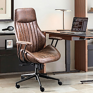 ovios Office Chair, Mid Century Modern Chair with Lumbar Support, Ergonomic High Back Suede Leather Executive Chair with Swivel Rolling Wheels, Dark Brown