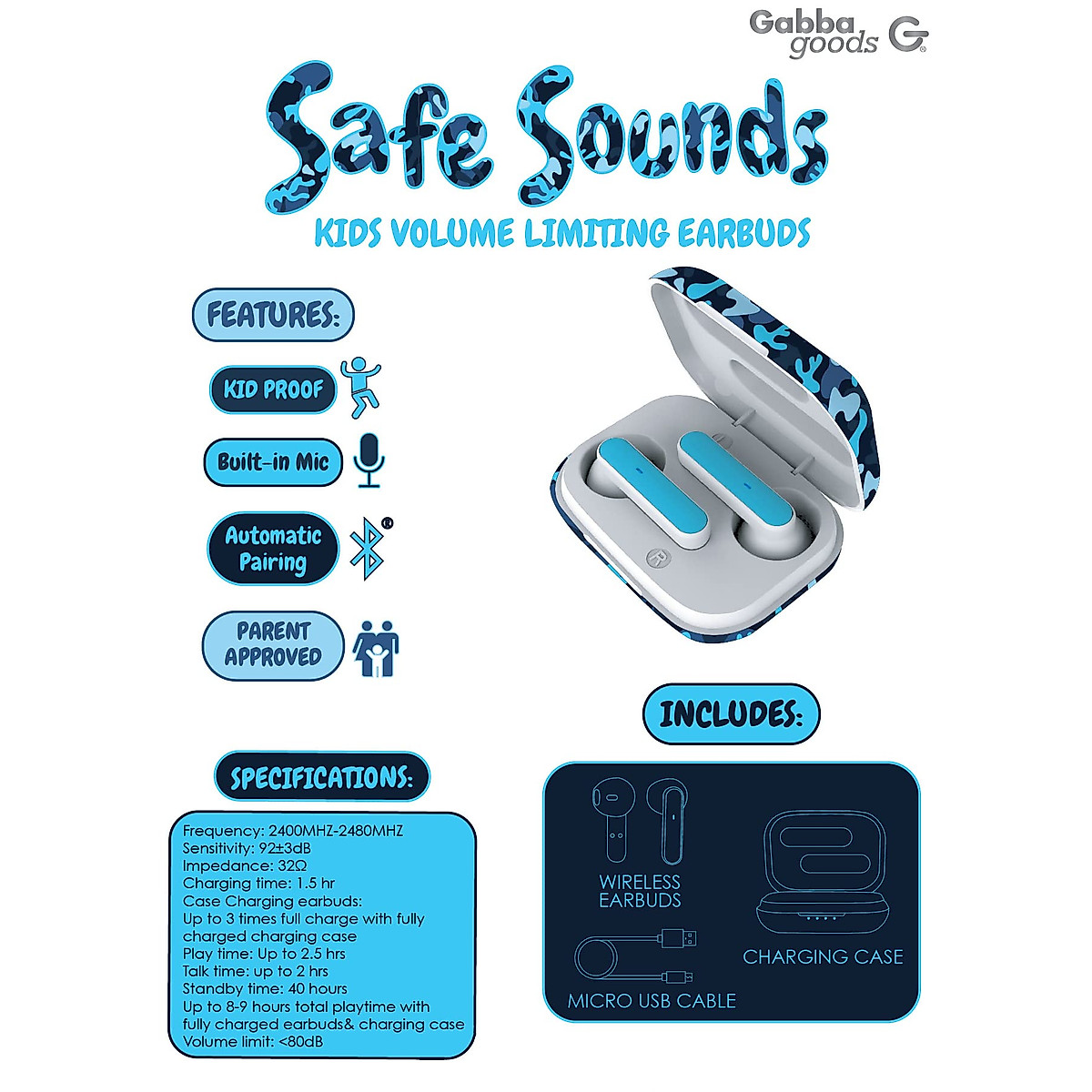 Gabba Goods Safe Sound Earbuds for Kids, Built-in Mic up to 8 Hours of Playing time with Charging Case Kids Proof