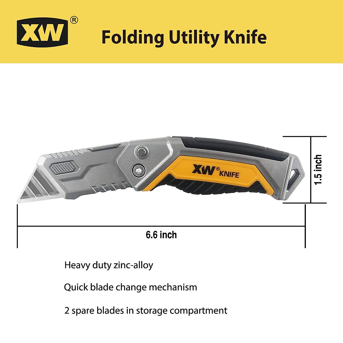 XW Utility Knife Set, Heavy Duty Zinc Alloy Retractable Box Cutter and Folding Utility Knife with Blade Storage Design, Total 18 PCS Blades Included, 2-Pack