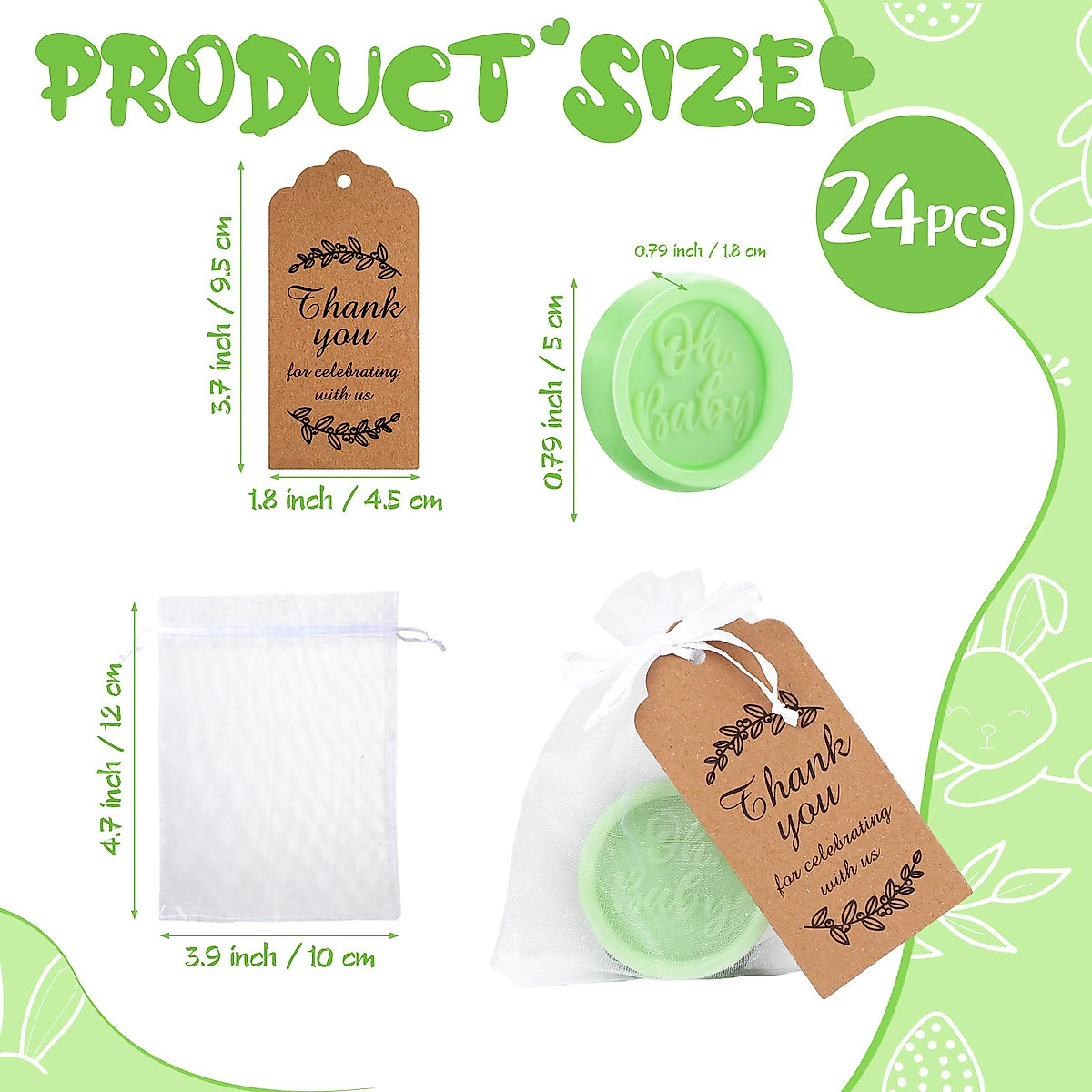 Demissle 24 Sets Baby Shower Soap Favors Handmade Scented Soap with Gift Bags and Thank You Cards for Baby Shower Gender Reveal Favors Decorations Gift Supplies(Green, Baby)