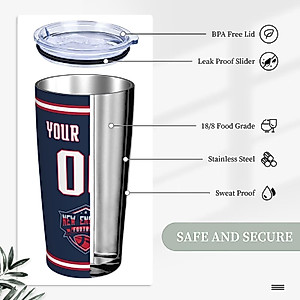 New England Custom 20oz Tumbler,Add Personalized Name and Number,Travel Coffee Mug, Stainless Steel, Insulated, Keep Drinks Cold and Hot,Gifts for Fans
