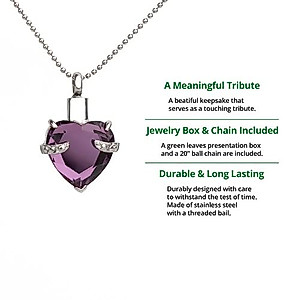 Perfect Memorials Hold My Heart Amethyst Cremation Jewelry - Beautiful Pendant for Loved One/Memorial Urn Necklace for 1 Cu/in of Adult Human Ashes, Lock of Hair, & More/Keep Them Close to Your Heart