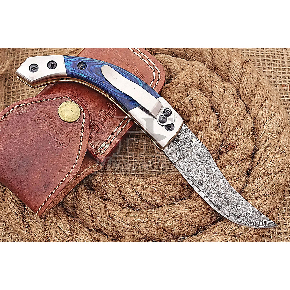 HUNTEX Handmade Hand-Forged Rain Drop Pattern Damascus Steel 4 Inch Long Pakka Wood Handle Razor Sharp Hunting Camping Trailing Pocket Knife w/Pocket Clip & Genuine Leather Pouch