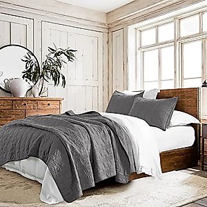 100% Cotton Quilt Set Queen Size, Grey Pre-washed 3-Piece Bedspread Coverlet Set, Cozy Lightweight Stitching Decorative Bedding Cover with 2 Shams in Geometric Pattern Rustic Style for All Season
