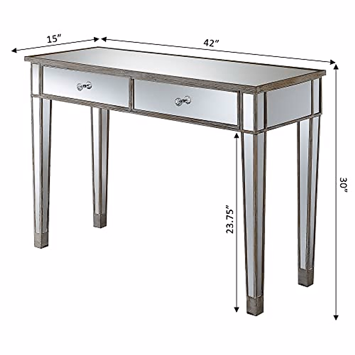 Convenience Concepts Gold Coast Mirrored Desk 42" - Console Table with 2 Drawers for Storage in Living Room, Office, Weathered White/Mirror