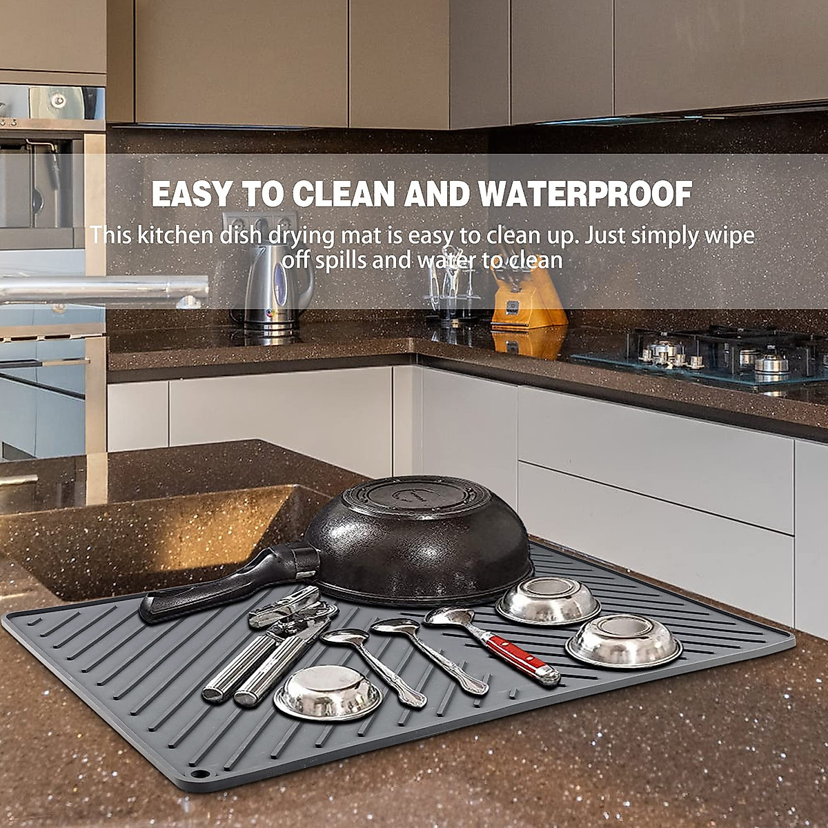 IYYI Silicone Dish Drying Mat XL(24" x 15") Dish Draining Mat for Kitchen Counter, Easy Clean, Heat Resistant, Large Drainer Mat (Black)