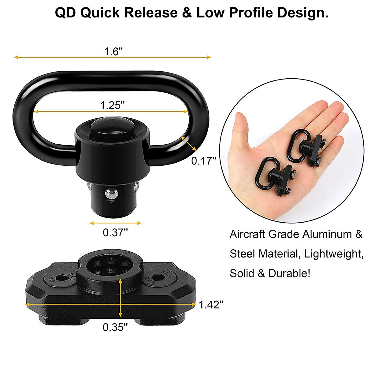 REERON 2 Point Sling & Mloc Sling Mount - Adjustable Extra Long Two Point Traditional Rifle Sling with 2 Pack 1.25" QD Sling Swivels Mounts for M Lock Rail System (2 Pack Mloc Sling Mounts)