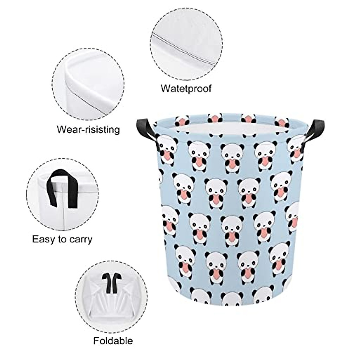 Cute Panda Heart Large Laundry Basket Hamper Bag Washing with Handles for College Dorm Portable