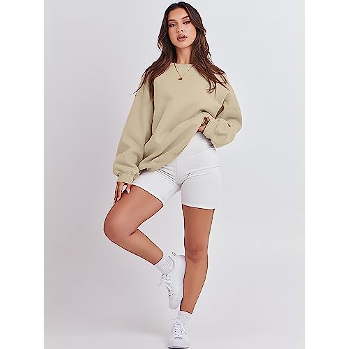 Caracilia Women's Long Sleeve Sweatshirts Crewneck Loose Fit Cotton Fuzzy Khaki Pull Over 2023 Fall Fashion Outfits Oversized Cute Teen Girls Solid Y2K Fleece Hoodie C102A6-zongse-M