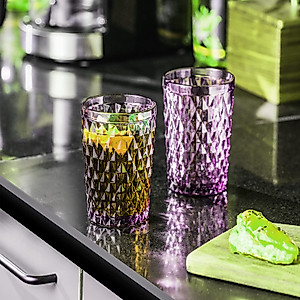 EVEREST GLOBAL Purple Highball Drinking Glasses set of 6 Colored Glass cups 11oz Embossed with Geometric Diamond Pattern Solid Color Vintage Water for Tea Juice and More