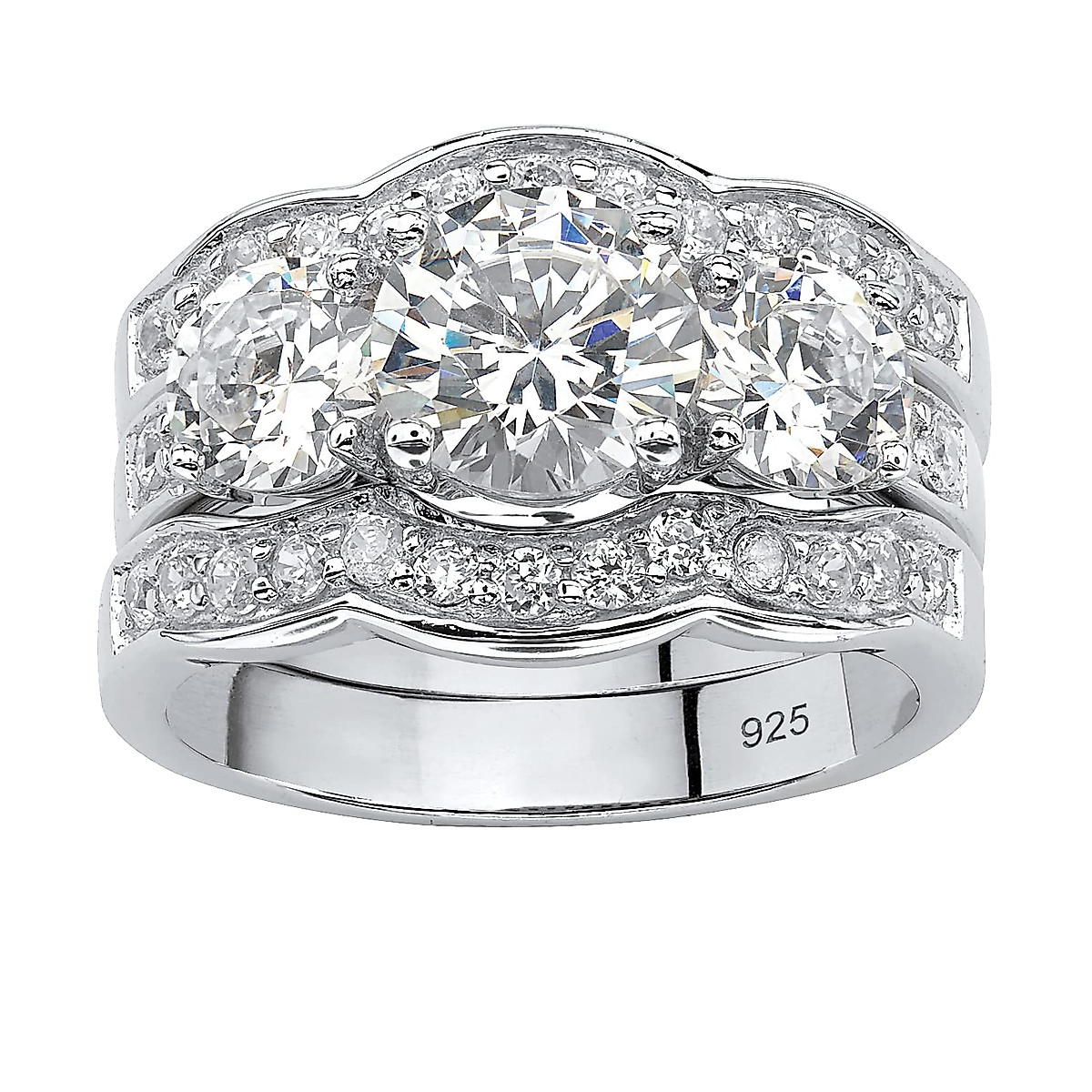 PalmBeach Sterling Silver Round Cubic Zirconia 3 Piece Scalloped Bridal Ring Set Sizes 6-10 Size 10