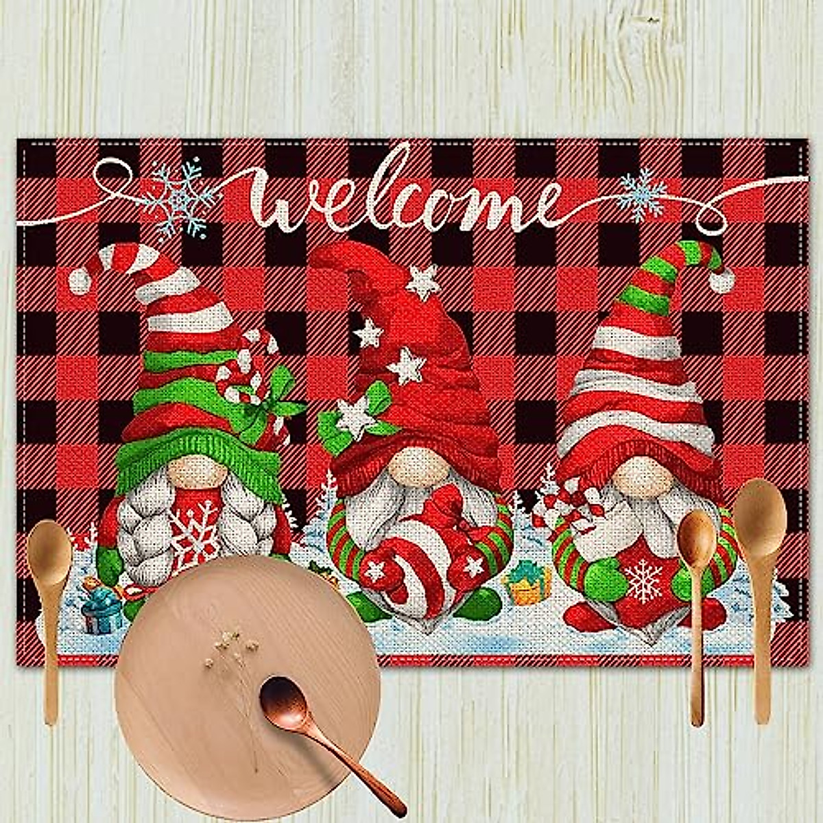 Red and Green Buffalo Plaid Santa Claus, Truck, Snowman Merry Christmas Placemats Set of 6, 12x18 Inch Winter Table Mats for Party Kitchen Dining Decoration (A)