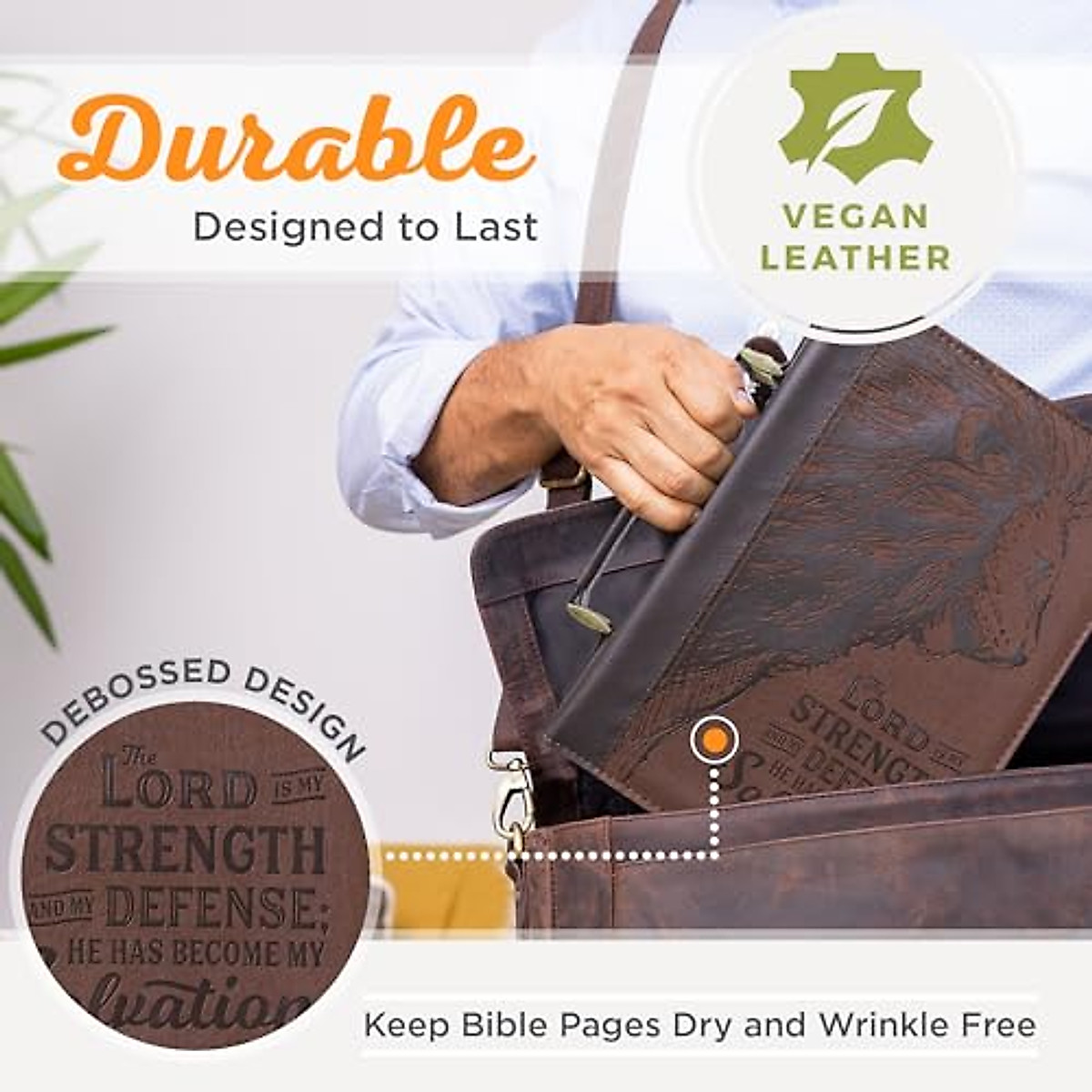 Christian Art Gifts Men's Classic Bible Cover The Lord is My Strength Lion Exodus 15:2, Brown Faux Leather, Large