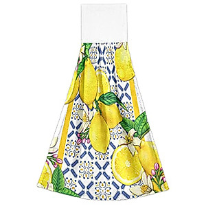 BOENLE Lemon Kitchen Hand Towels Set of 2 Yellow Mediterranean Tile Hanging Tea Towel Bathroom Soft Absorbent Coral Fleece Dish Wash Cloth Decorative