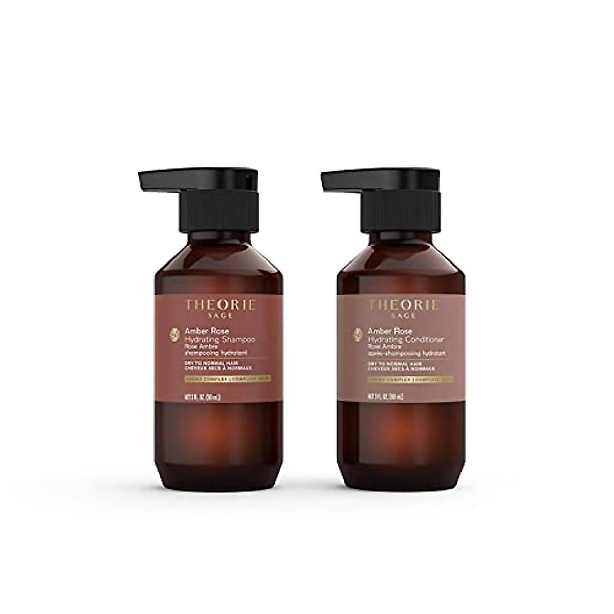 THEORIE Amber Rose Travel Set - Hydrating Shampoo & Conditioner minis - Refresh & Recharge - Suited for Dry to Normal Hair - Protects Color and Keratin Treated Hair, Bottles 90mL each