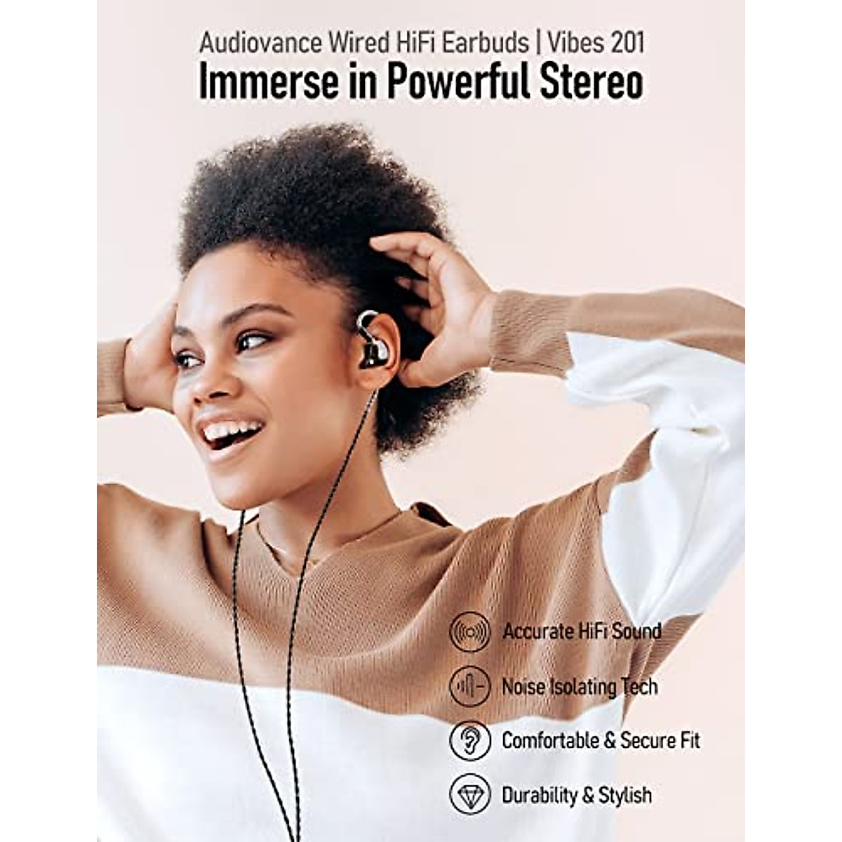 Audiovance Vibes 201ML Wired Earbuds in Ear Headphones with Mic, Lightning to 3.5mm Adapter & Braided Cord, Noise Isolating Bass Driven Earphones, Carry Case, Ear Buds Tips, 3.5mm Jack (Clear Brown)