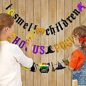 Pre-strung Hocus Pocus I Smell Children Halloween Banner, 3 Packs Glitter Halloween Decorations, 3D Witch Bats Home Decor, Halloween Wall Hanging Décor, Party Decoration Supplies Kit