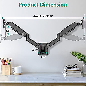WALI Dual Monitor Wall Mount, Gas Spring Monitor Arm for 2 Screens up to 32 inch, 19.8 lbs. Fully Adjustable Arm Mounting Holes up to 100 x 100 (GSWM002), Black