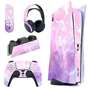 PlayVital Pink Watercolor Full Set Skin Decal for ps5 Console Disc Edition, Sticker Vinyl Decal Cover for ps5 Controller & Charging Station & Headset & Media Remote