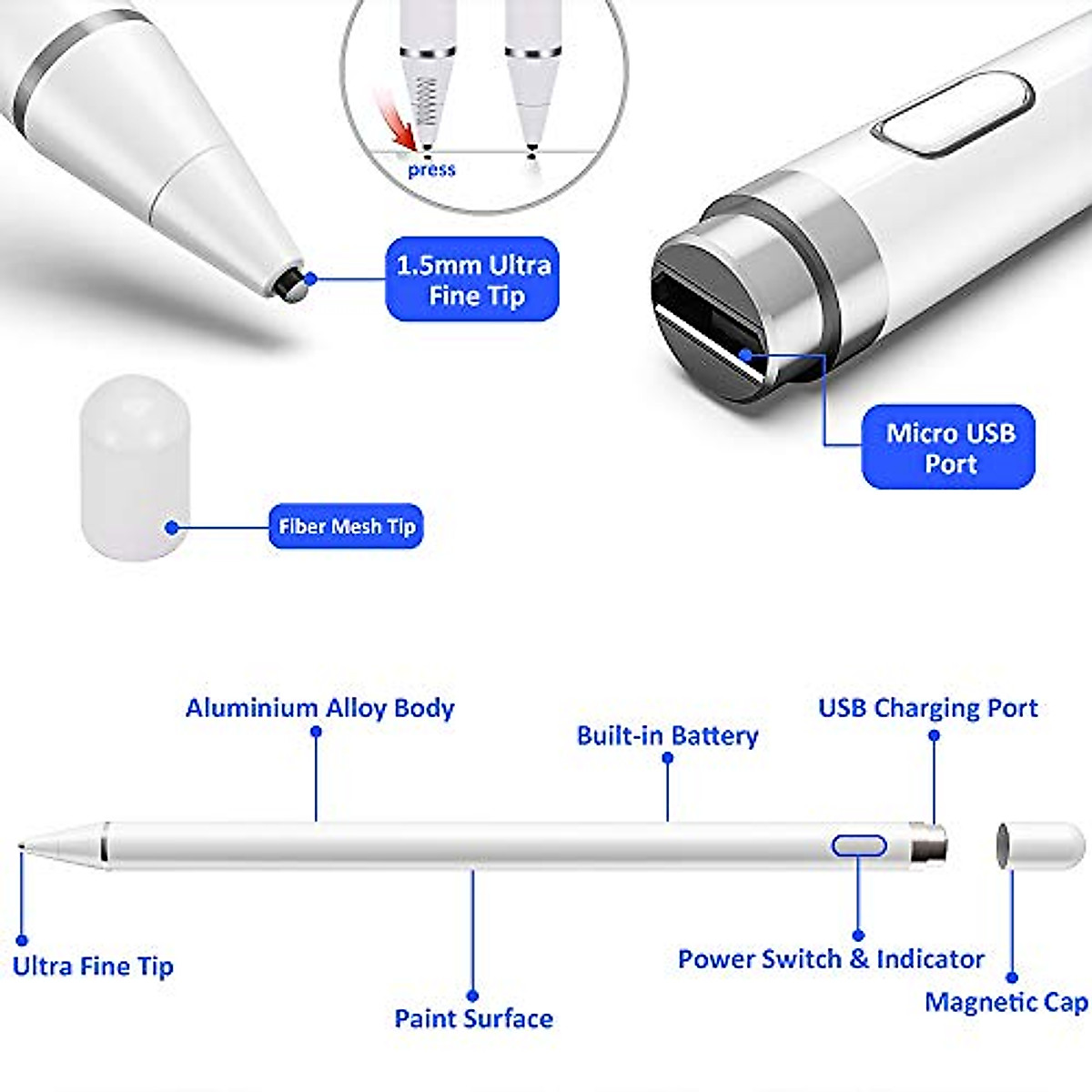 Stylus Pens for Touch Screens,Stylus Pencil Compatible for Apple,Active Pencil Smart Digital Pens Fine Point Stylist Compatible with iPhone iPad Pro Air Mini and Other Tablets (White)