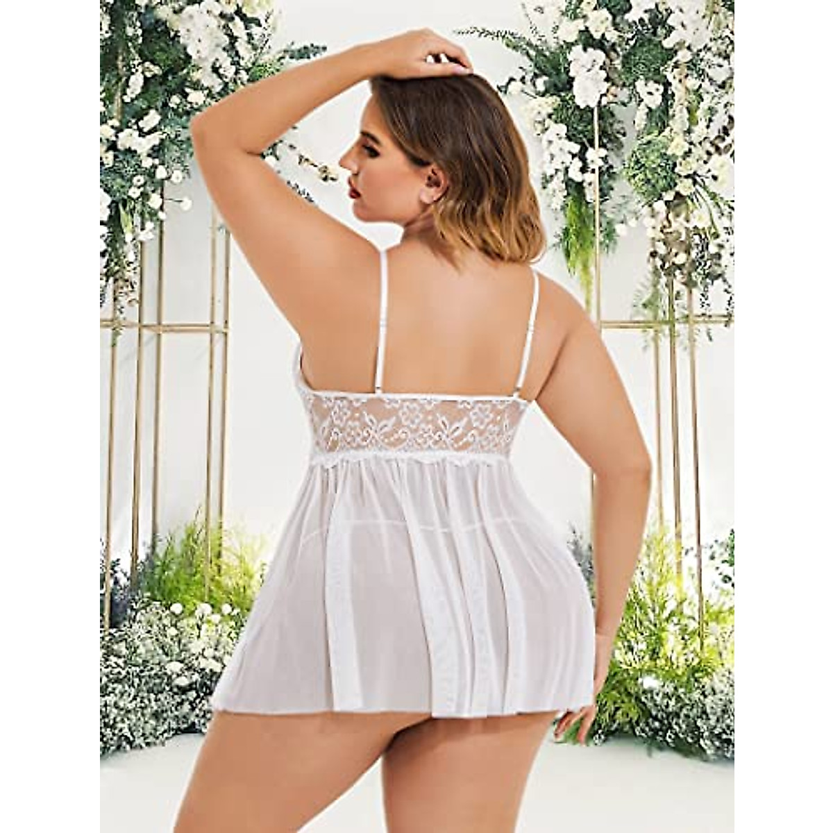 Avidlove Sexy Plus Size Lingerie for Women Lace Babydoll Chemise V Neck Sleepwear Mesh Nightwear Side Slit Nightie White