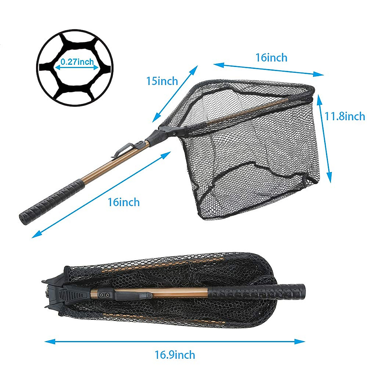 YVLEEN Folding Fishing Net - Foldable Fish Landing Net Robust Aluminum Telescopic Pole Handle and Nylon Mesh 16inch Hoop Size