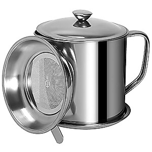Bacon Grease Container with Strainer 1.25 L / 42 oz Strong SUS 304 Food-grade Stainless Steel Cooking Oil Keeper with Lid and Easy-Grip Handle Suitable for Storing Frying Oil and Cooking Grease