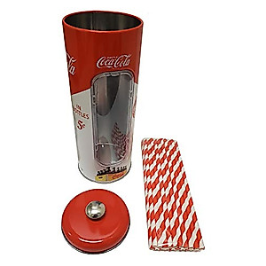 The Tin Box Company Coke Holder Tin with 20 Paper Straws Inside, 3-3/8 x 8-1/4"H, Red and White