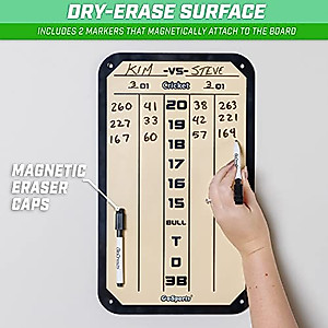 GoSports Dry Erase Steel Darts Scoreboard - Cricket and 01 Dart Games with 2 Magnetic Markers