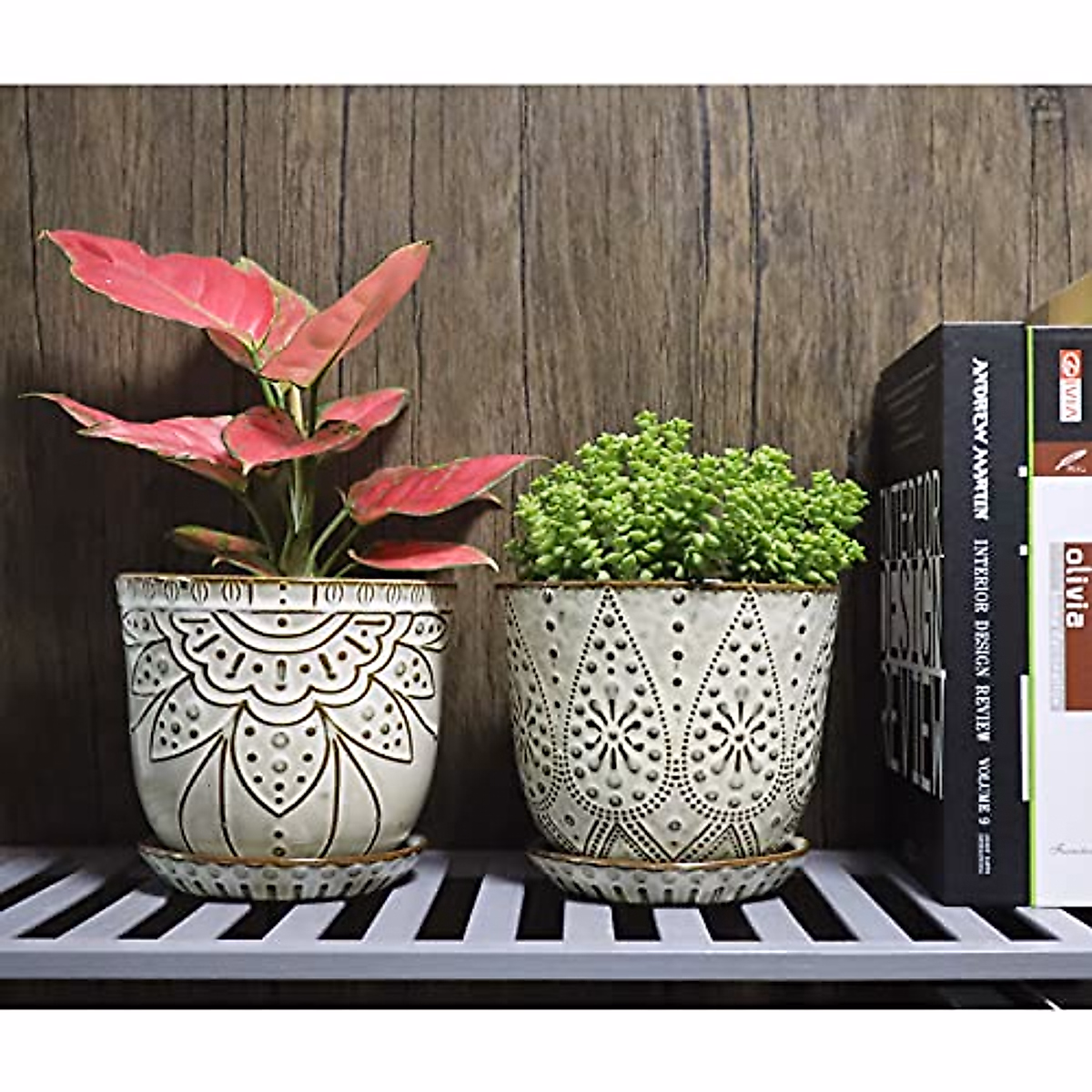 Gepege 6 Inch Beaded Ceramic Planter Set of 2 with Drainage Hole and Saucer for Plants, Indoor-Outdoor Large Round Succulent Orchid Flower Pot (Smoked Gray, for Inner-pots not Larger Than 5 Inch)