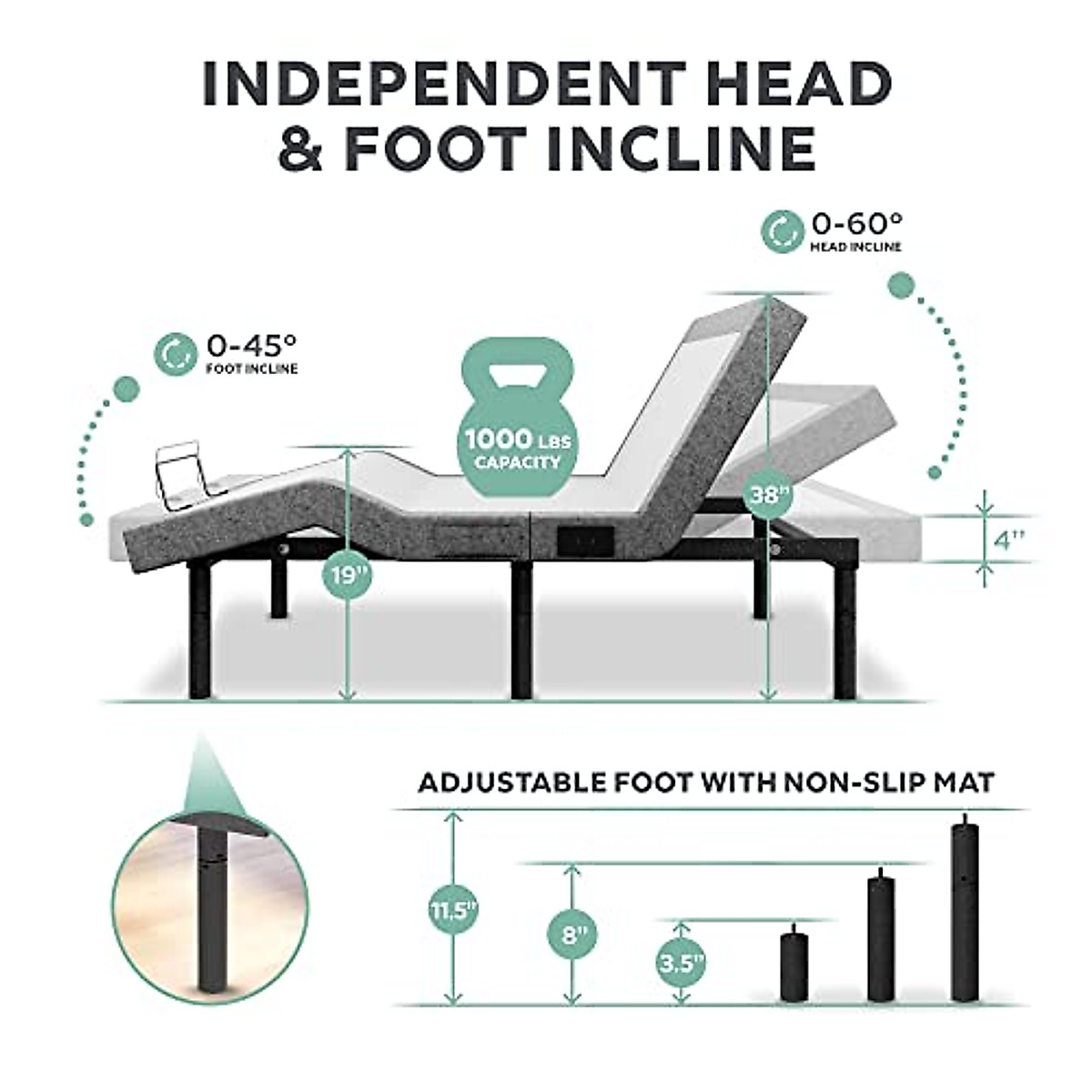 Renanim Adjustable Bed Frame with 12" Mattress Included Electric Massage - USB, Under Bed Light, Luxury Cooling Gel Memory Foam Mattress, App Control, Zero Gravity, Head and Foot Incline Base Twin XL