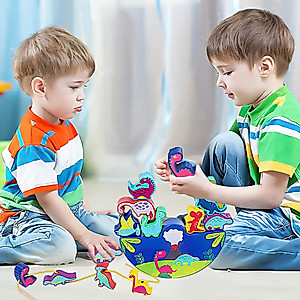 SKABENLAM Wooden Dinosaur Stacking Toys for Kids 3-5,Montessori Toys for 3 4 5 Year Old Boys Girls,Balance Building Blocks Game for Children,Preschool Educational Toys,Easter Birthday