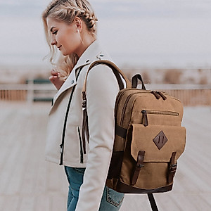 Canvas Vintage Laptop Backpack for Women Men, College Bookbag Fits 15.6 Inch Laptop (Coffee)