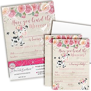 Watercolor Pink Floral Cow-Themed Baby Sprinkle Shower Invitations, 20 5x7 Fill In Cards with Twenty White Envelopes by AmandaCreation
