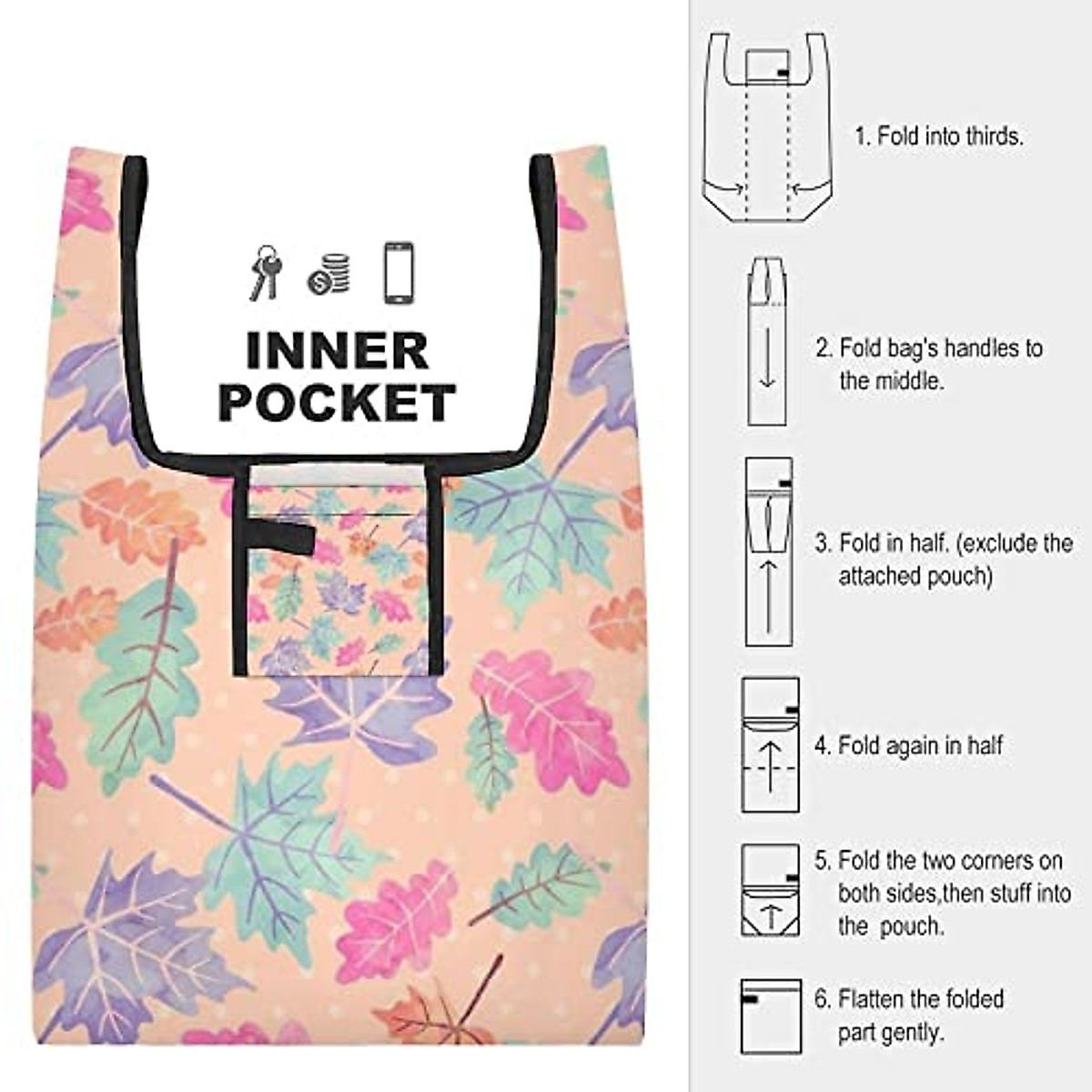 Pink Leaves Printed Reusable Grocery Bag with Handle Foldable Shopping Tote Bags Portable for Supermarket Camping