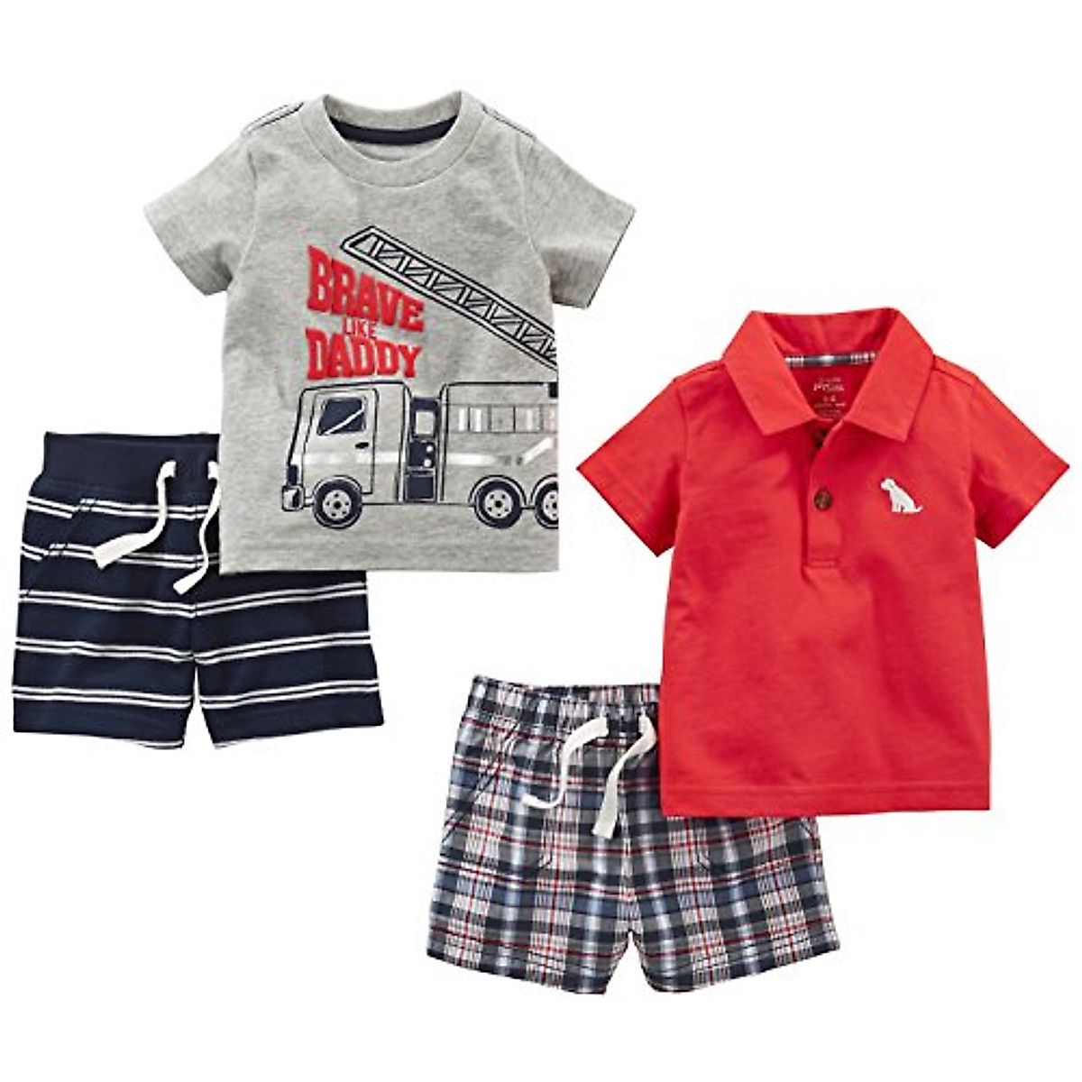 Simple Joys by Carter's Baby 4-piece Playwear Set, Red Plaid/Fire Truck/Blue Stripe, 12 Months