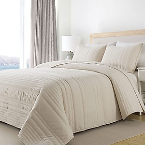 HIARUO Queen Quilt Bedding Set, Full Size Striped Coverlet Bedspread (90x90 inch) with 2 Pillow Shams (20x26 inch) for All Season, Beige/White